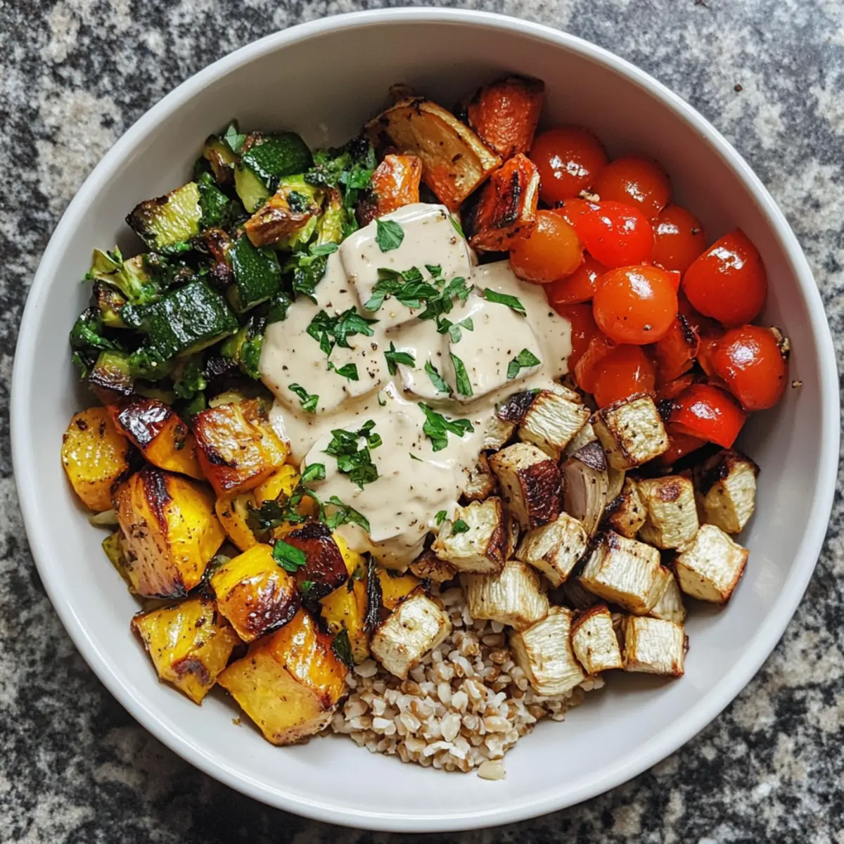 Ultimate Delicious Crispy Roasted Veggie & Tahini Grain Bowl