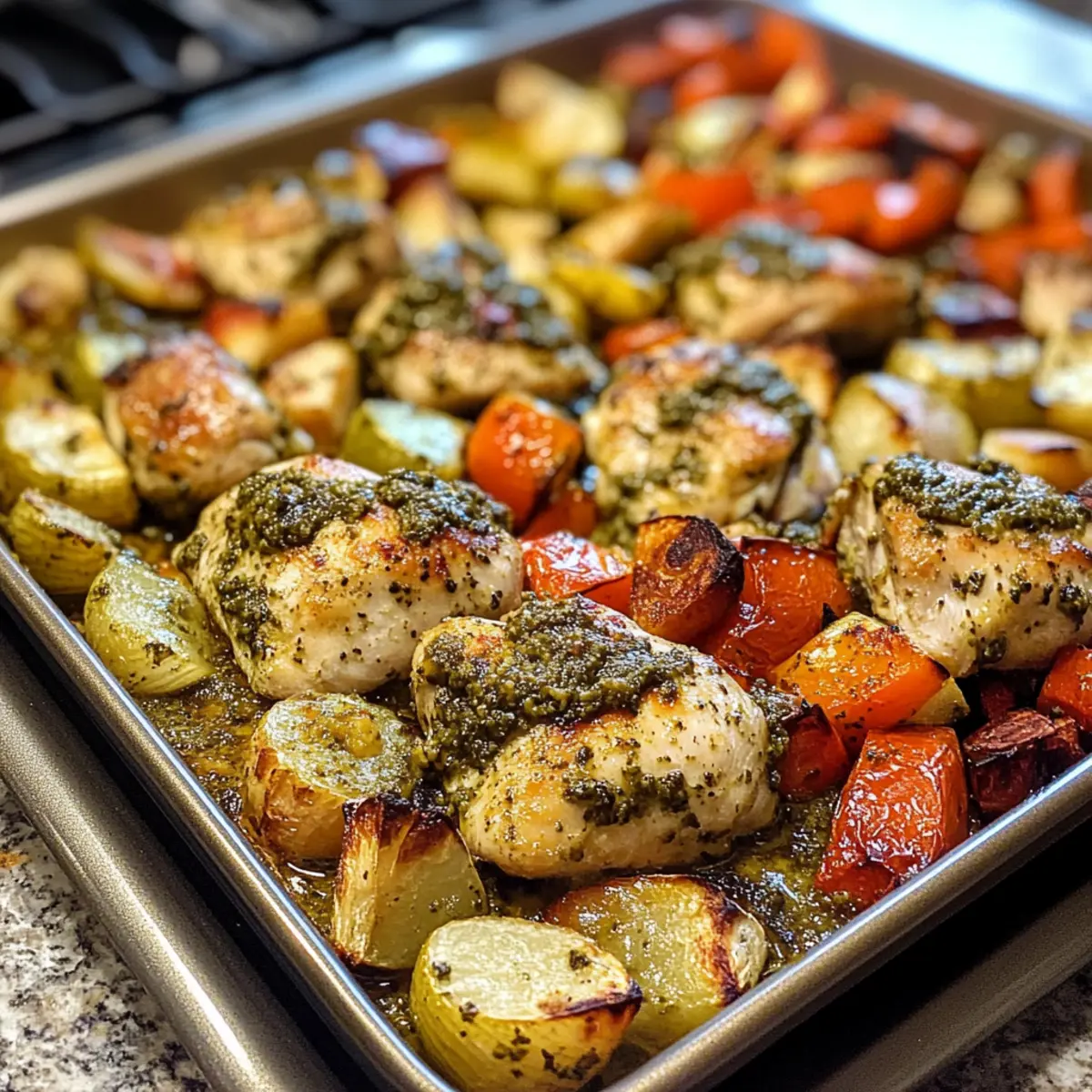Irresistible Juicy Sheet Pan Pesto Chicken with Roasted Veggies